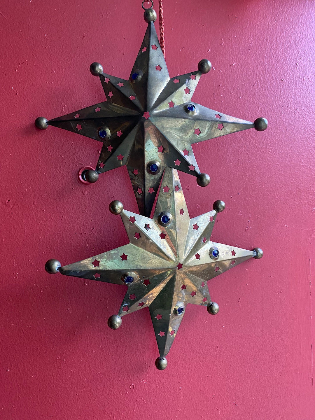 Vintage Brass Stars Ornaments With Inlaid Blue Cabochons Stones, Made ...