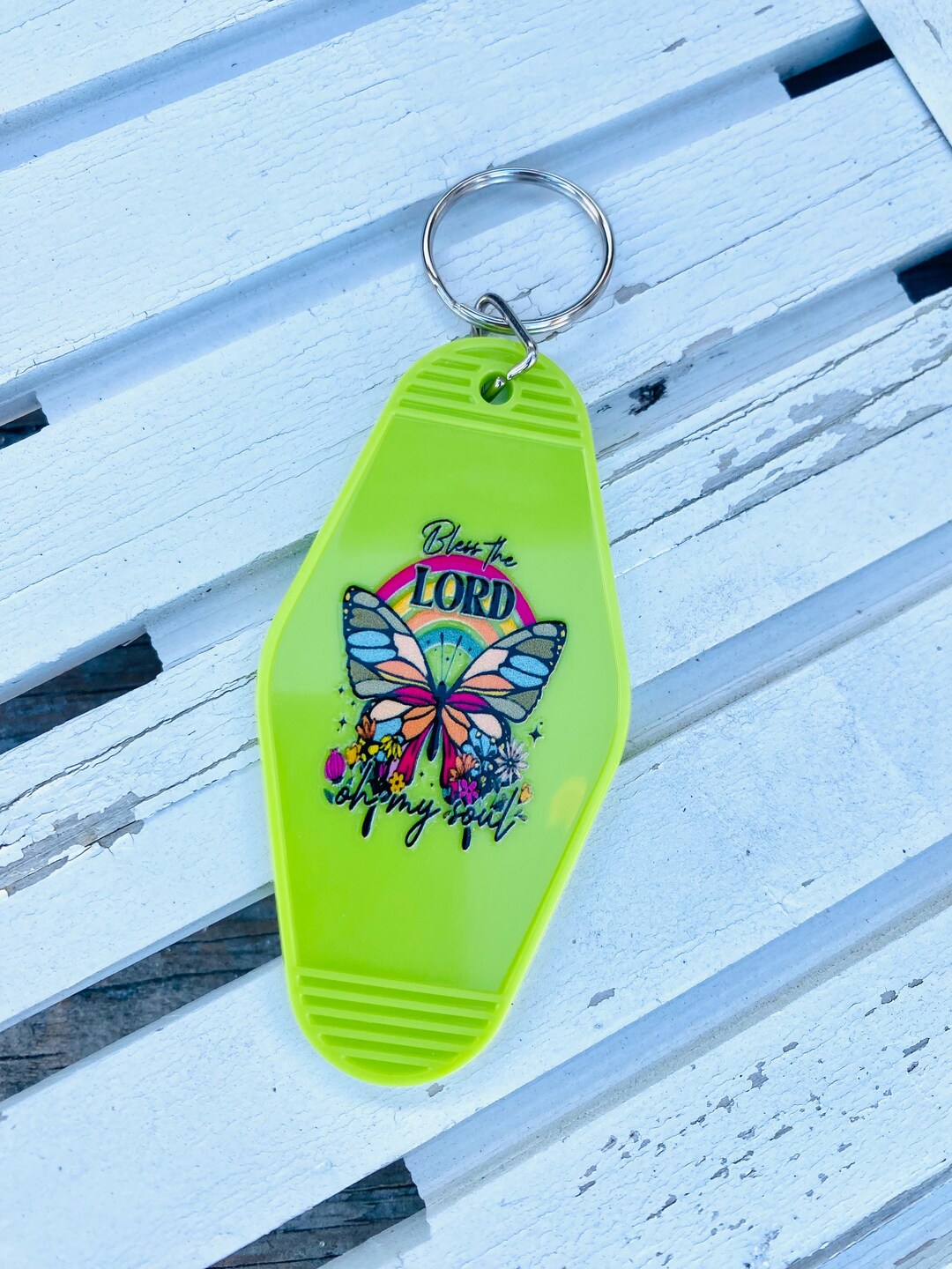 Religious Motel Keychain Retro Lime Green Floral Butterfly Plastic ...
