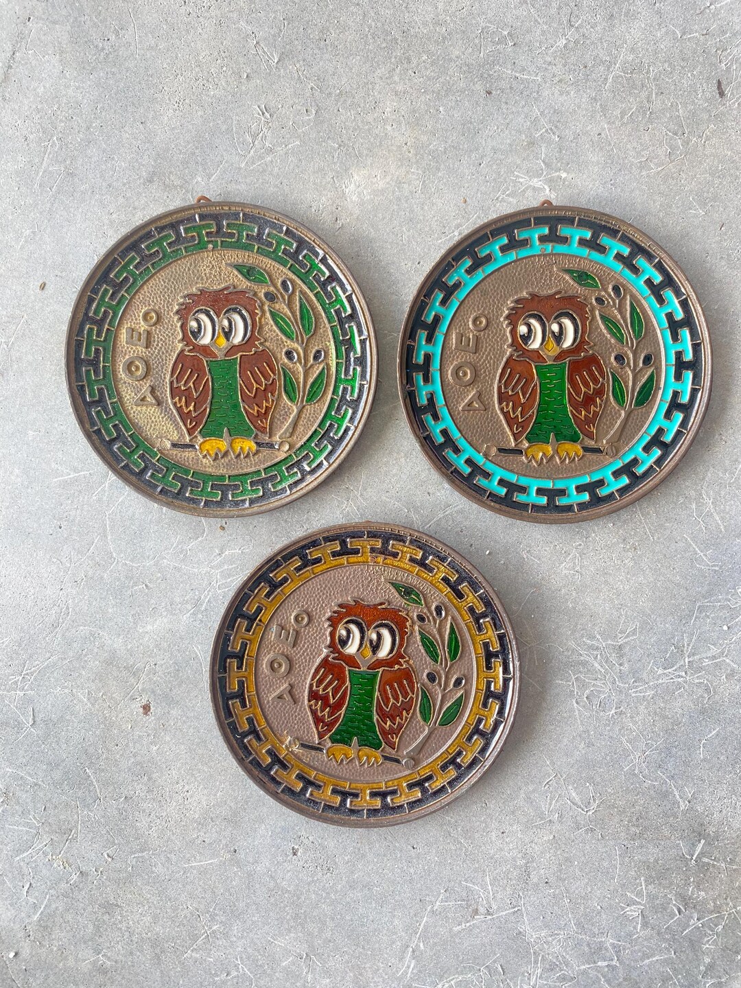 Greek Enamel Hand Painted Vintage Coasters Owls or Wall Plates on Solid ...