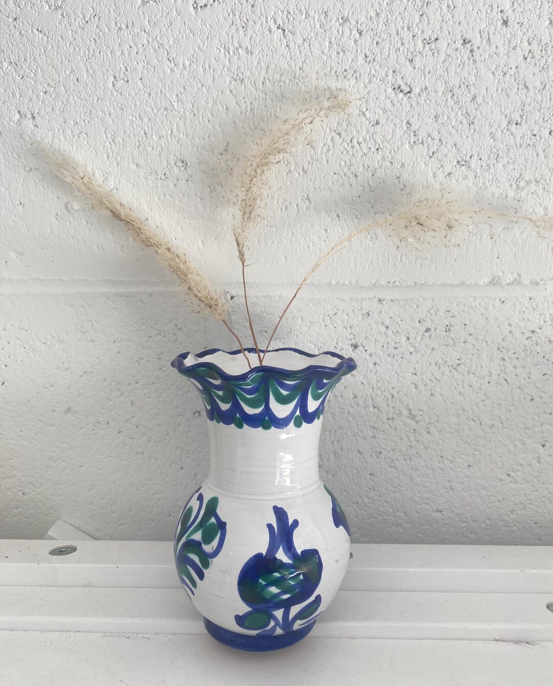 Vintage Hand Painted Ceramic Ruffle Vase With Blue Flowers and Bird ...