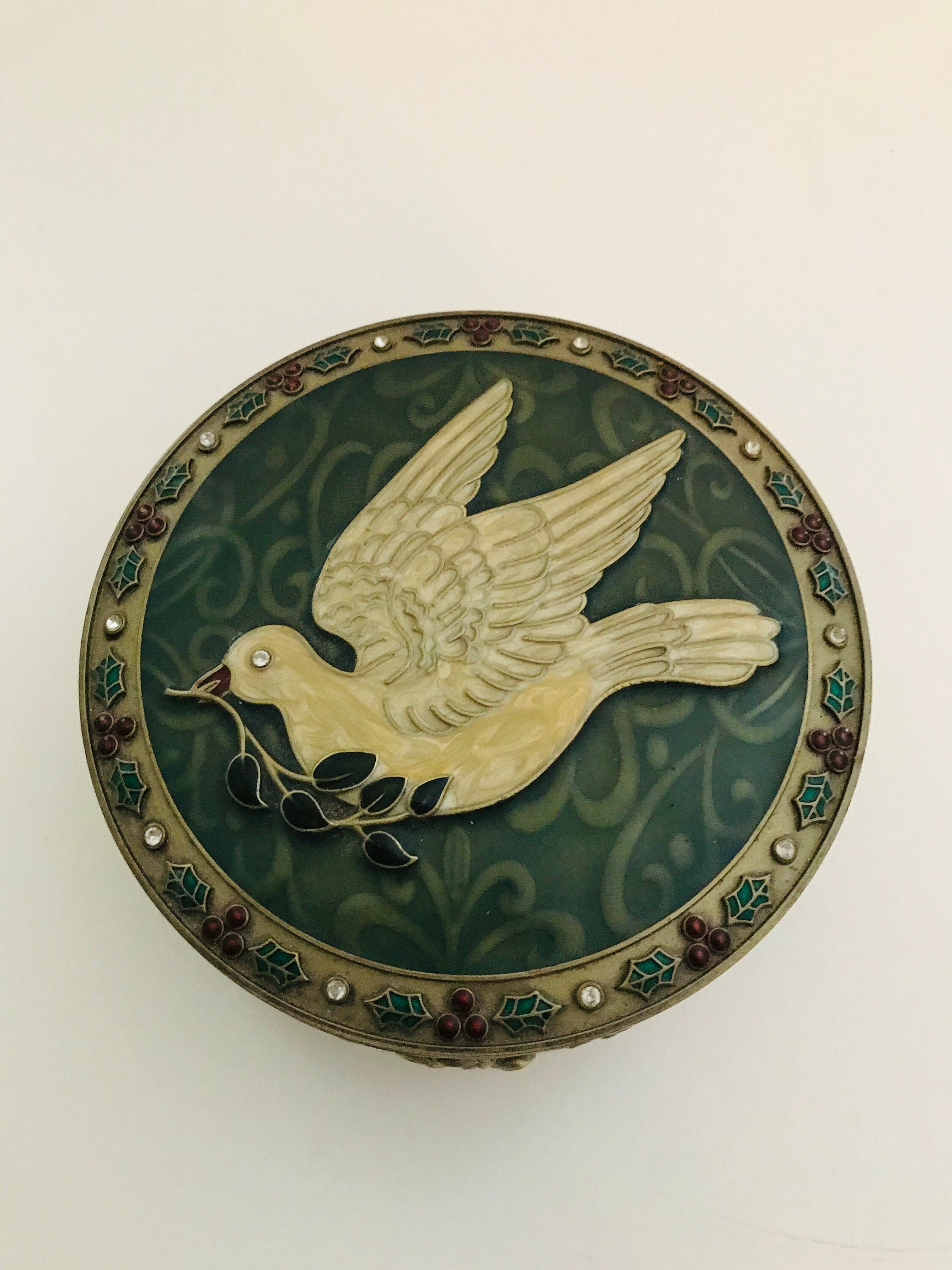 Brass and Green Enameled Jewelry Box With Mirror Dove of - Etsy