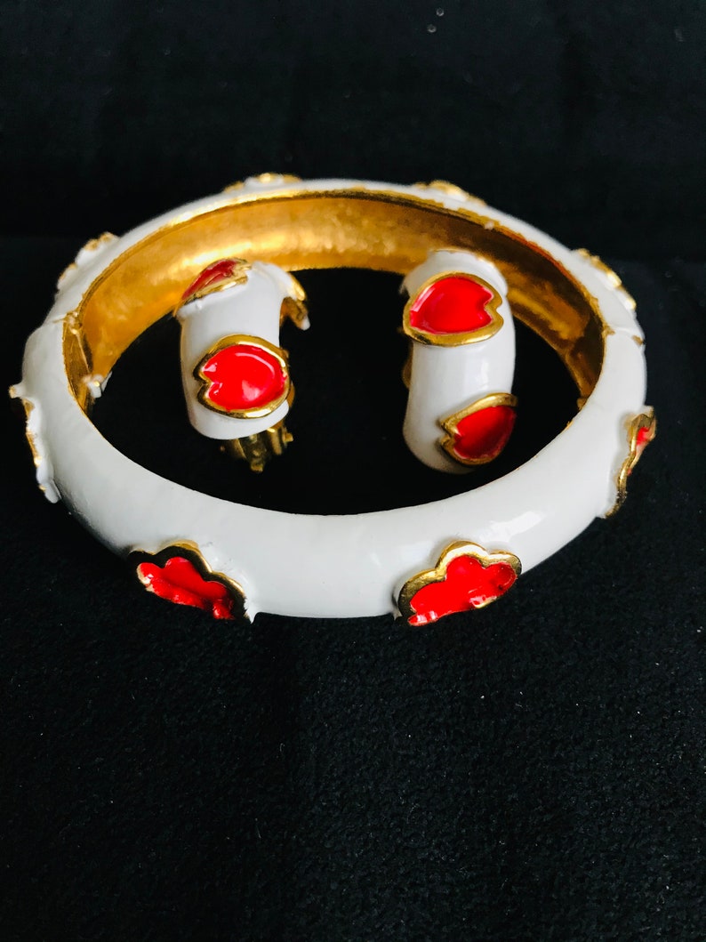 Vintage Red and White Enameled Hinged Bangle and Earrings by Robert ...