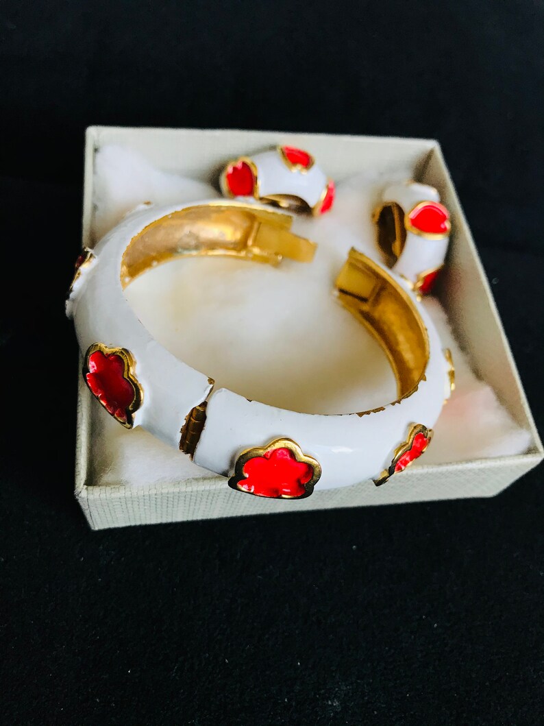 Vintage Red and White Enameled Hinged Bangle and Earrings by Robert ...
