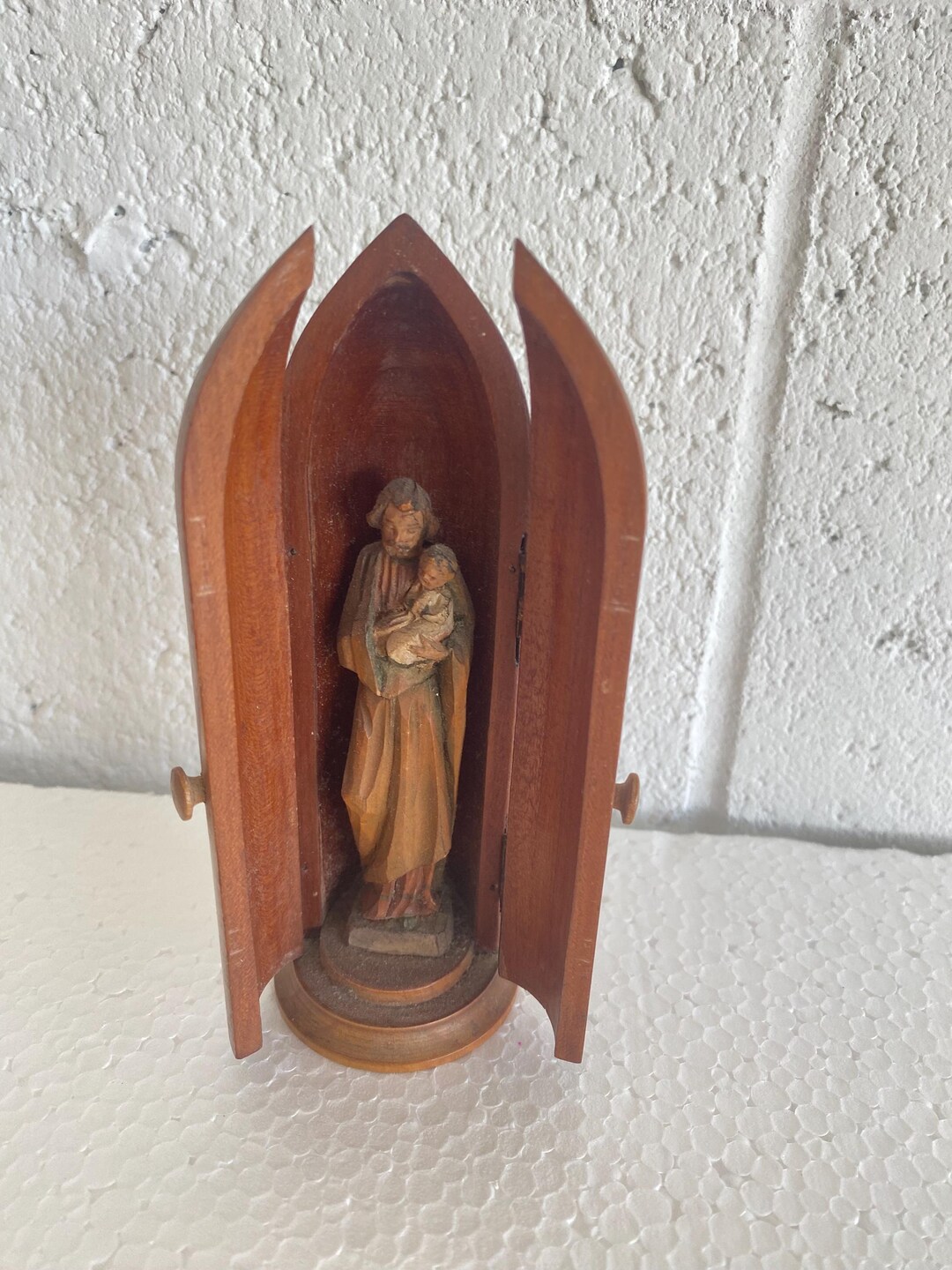 Antique Hand Carved Wood Triptych St. Joseph & Child Jesus Niche. Italy ...