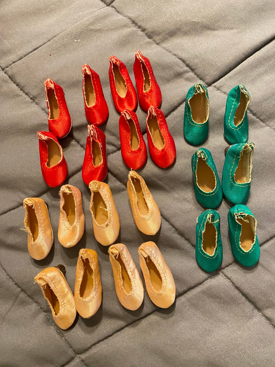 Vintage Satin Dolls High Heels Shoes, 10 Pairs, Red Doll Shoes, Green ...
