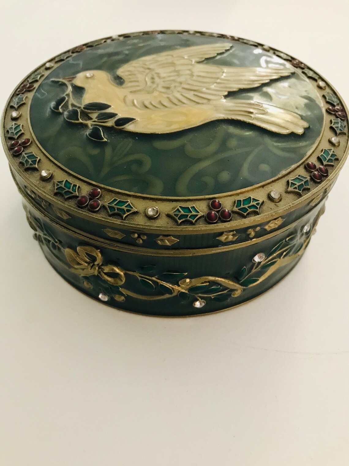 Brass and Green Enameled Jewelry Box With Mirror Dove of - Etsy