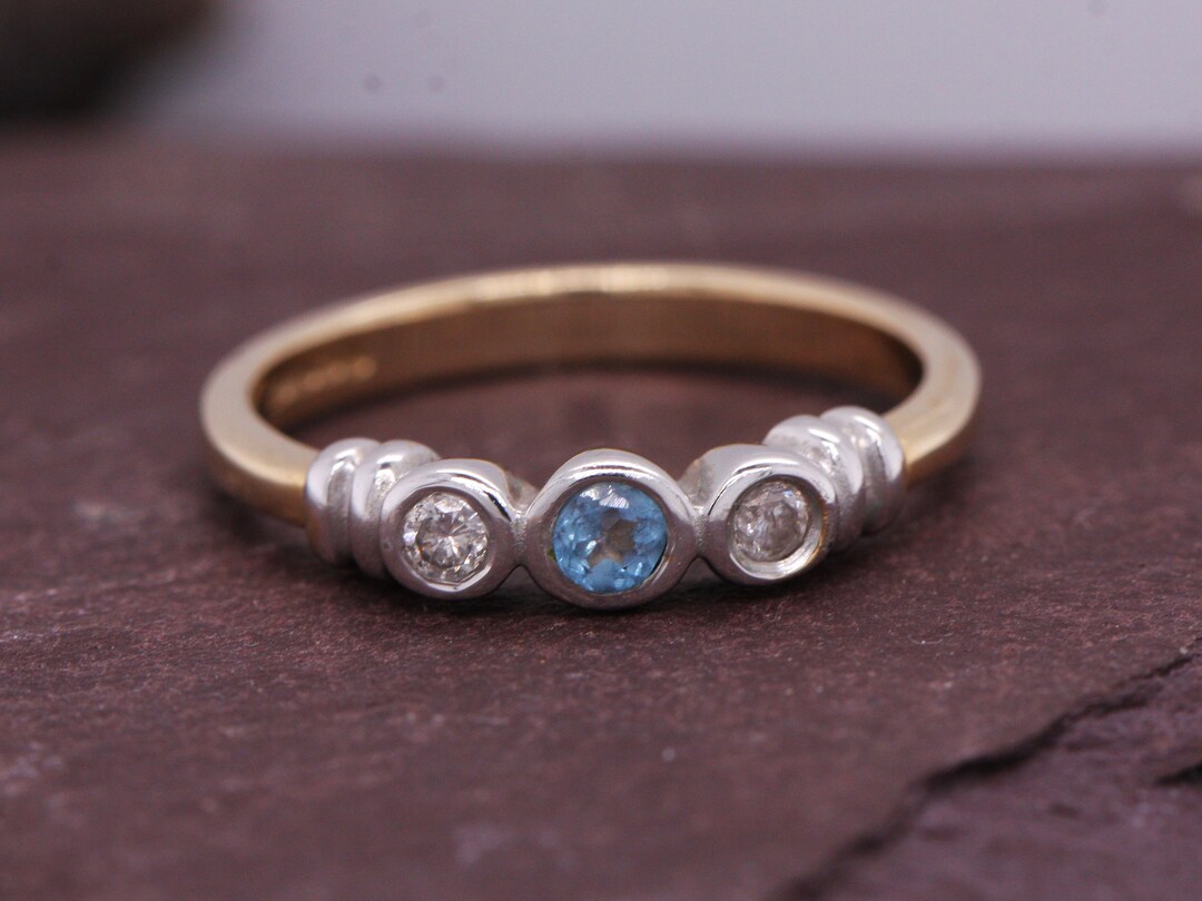 9ct Yellow Gold Blue Topaz & Diamond Trilogy Size M Engagement Ring ...