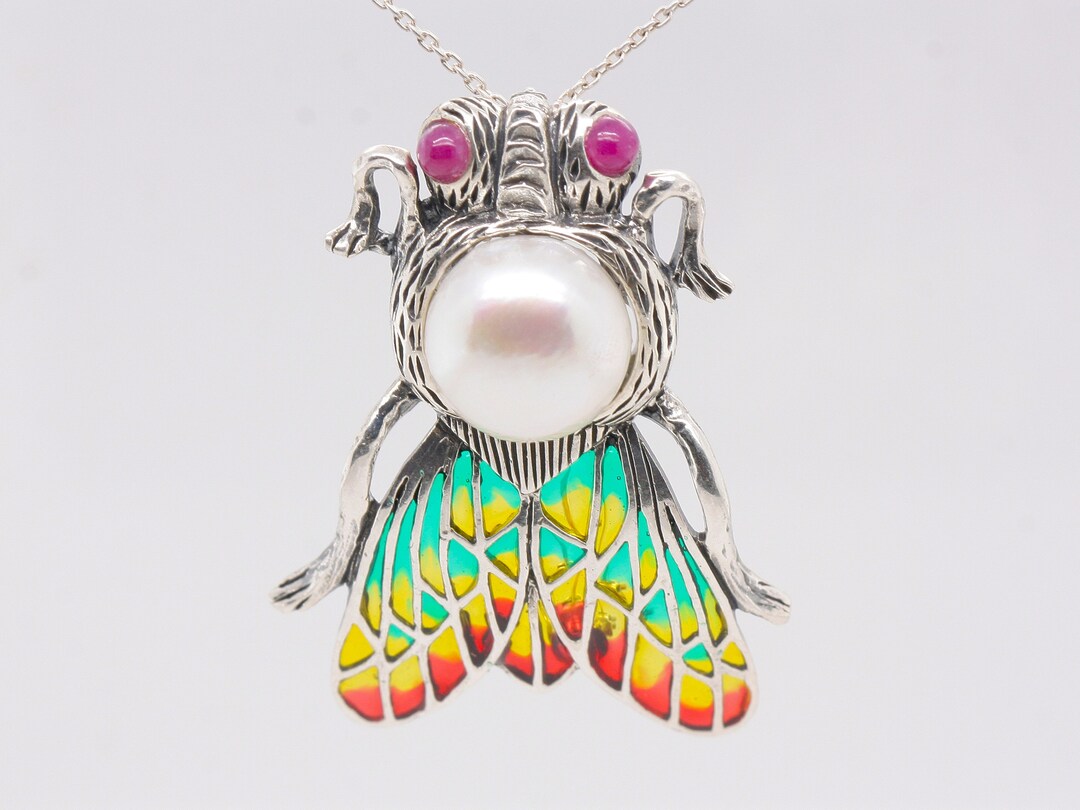 Vintage Style Sterling Silver Plique-à-jour Enamelled Ruby Pearl Bug ...