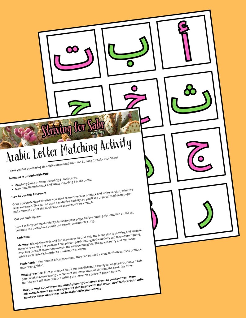 Arabic Letters Matching Activity - Color + BW Printable - Etsy