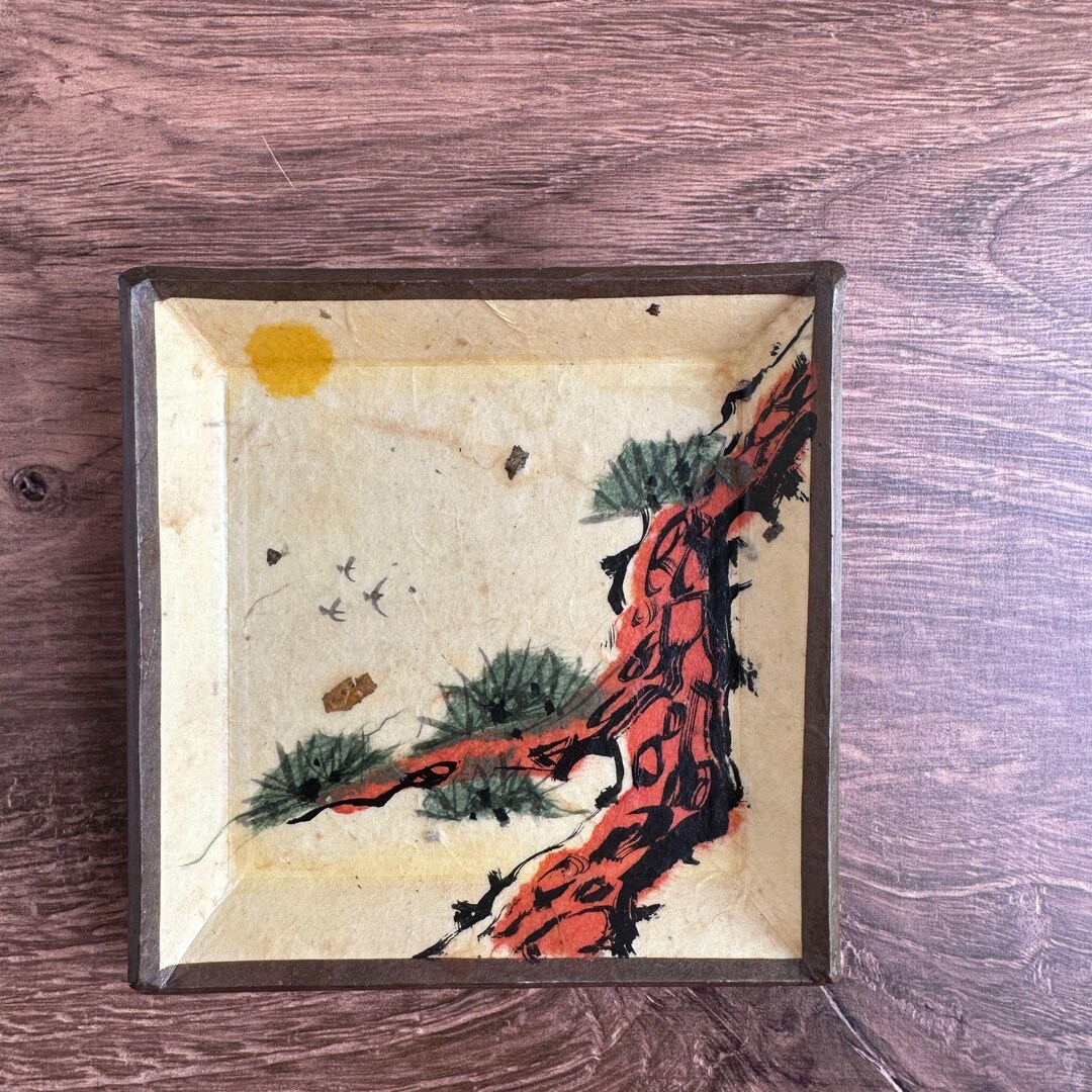 Japanese Paper Mache Tray With Hand Painted Tree and Sun Motif - Etsy