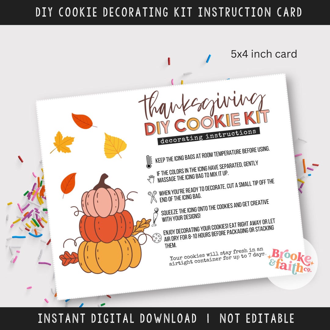 Thanksgiving Cookie Decorating Instruction Card, DIY Cookie Kit Card ...