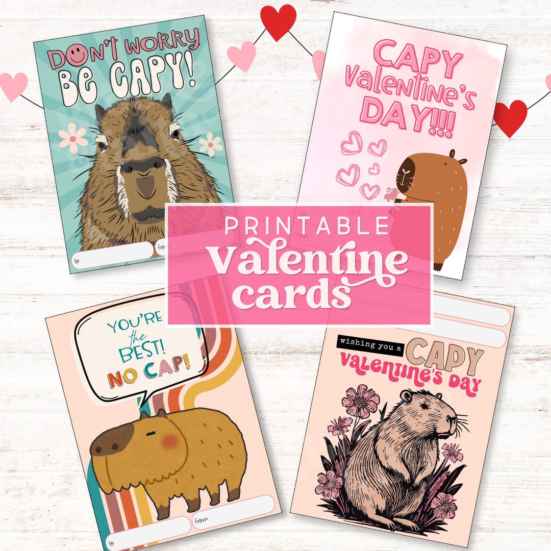 Printable Valentine Cards, Capybara Themed Valentines Day Cards Digital ...