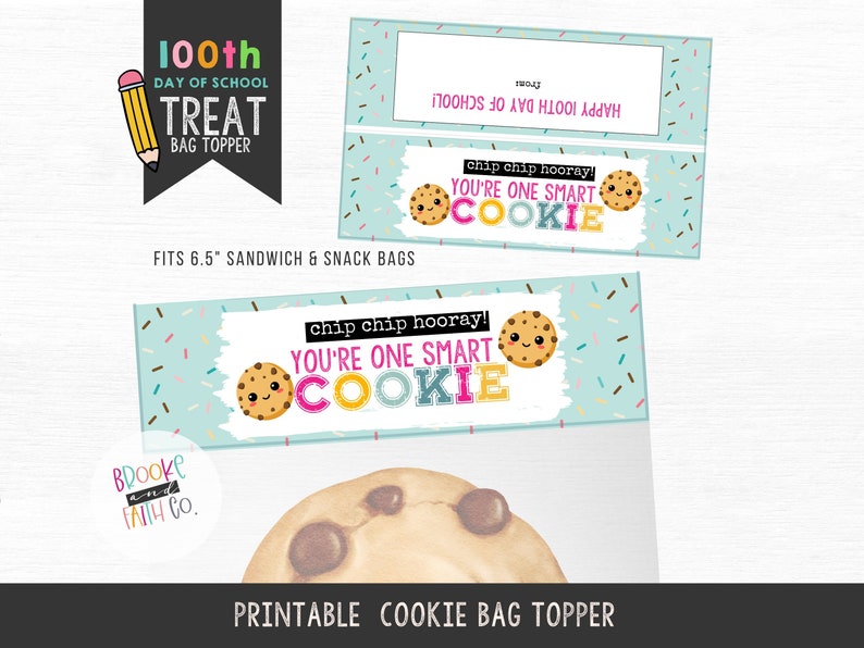 100th Day of School Cookie Tag Topper | 6.5 Inch Cookie Bag Folding Tag ...