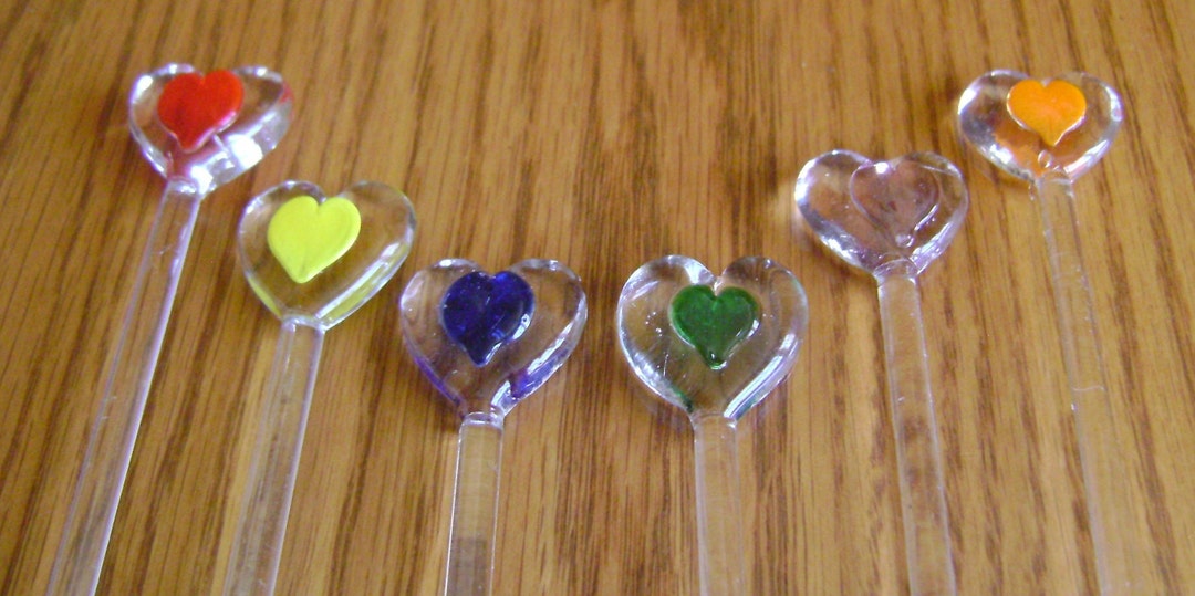 Vintage Glass Heart Shaped Swizzle Sticks / Blue, Orange, Green, Red ...