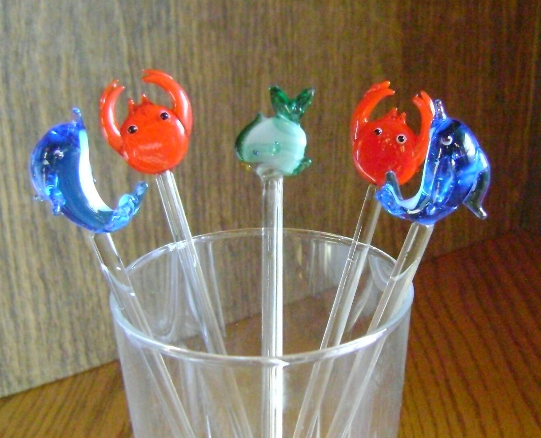 Vintage Glass Blue Dolphin and Fish Swizzle Sticks / Stirrers / Bar ...