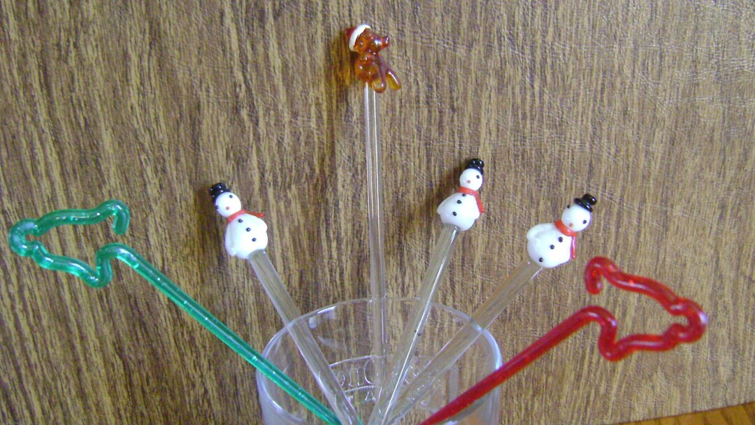 Glass Holiday Snowmen Swizzle Stick Set /teddy Bear / Plastic Bells ...