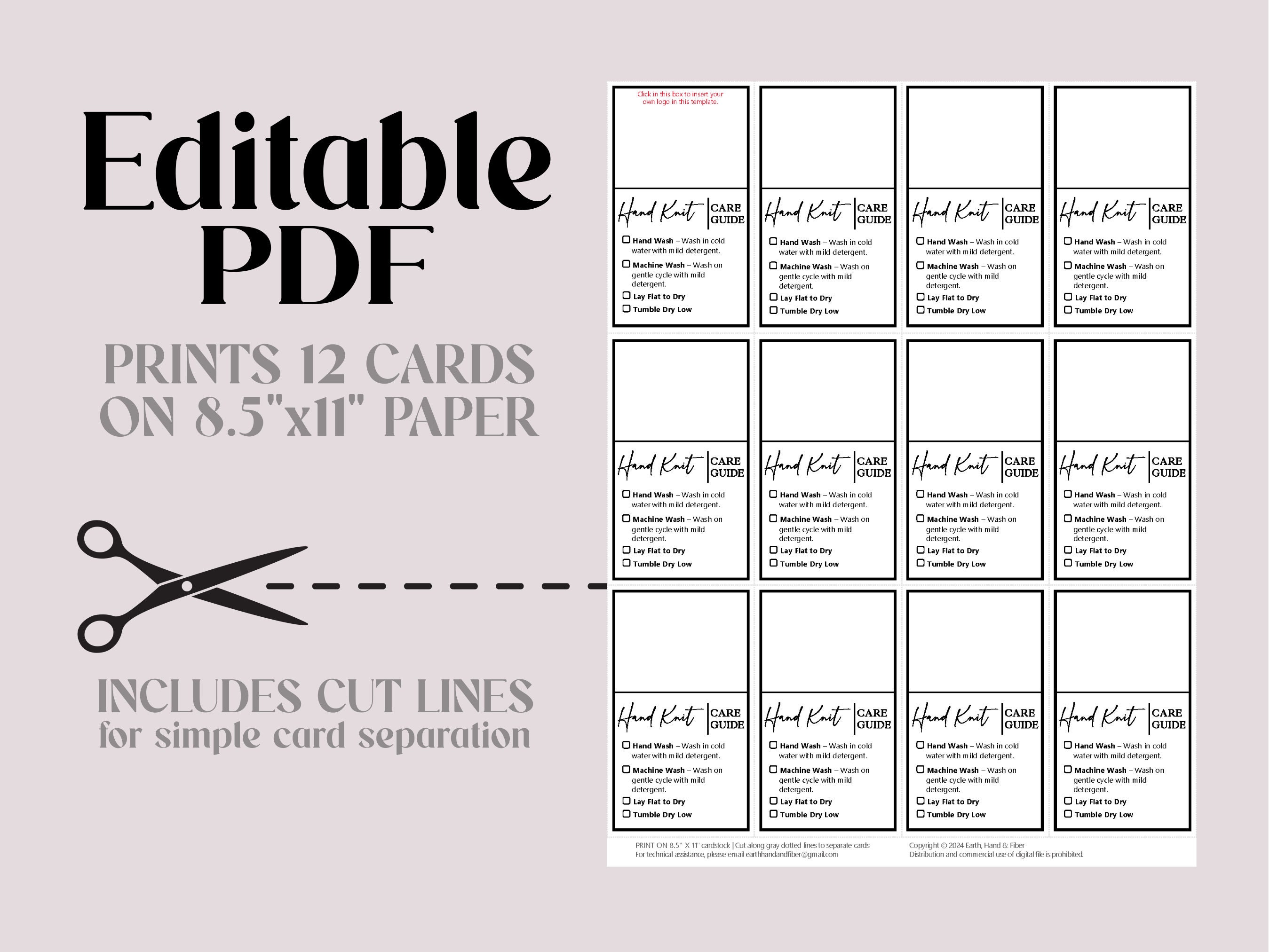 Hand Knit Care Card Template, Editable Printable Washing Instructions ...