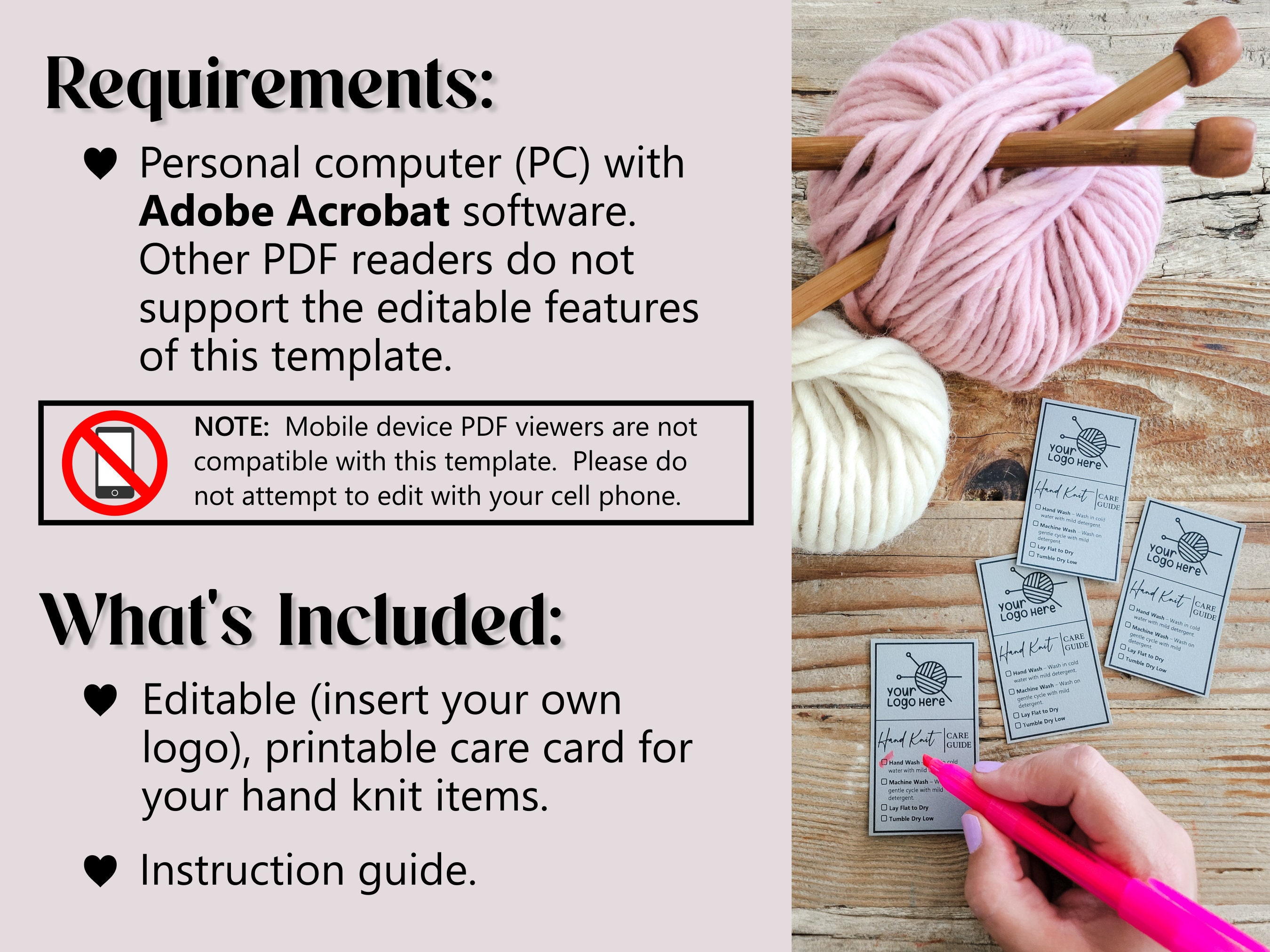 Hand Knit Care Card Template, Editable Printable Washing Instructions ...