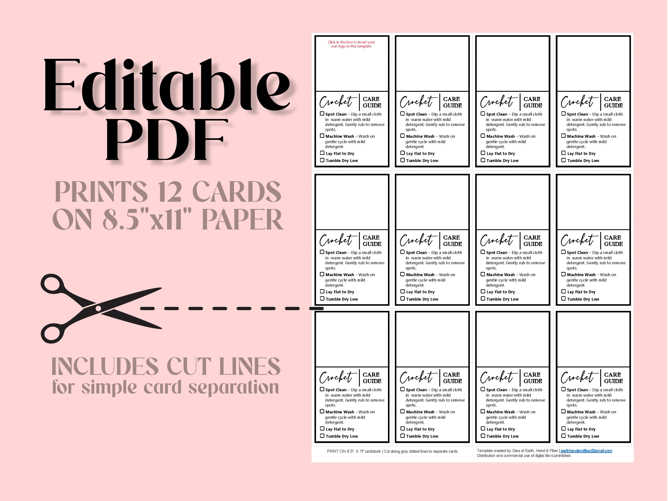 Editable Crochet Care Card Template: Washing Instructions (digital ...