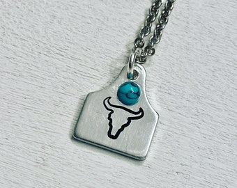 Tiny Turquoise Cattle Tag Initial Necklace Handstamped Western Necklace ...