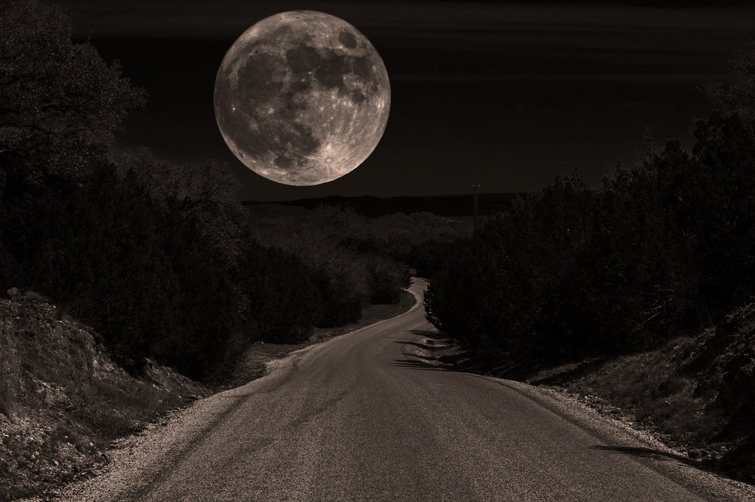 Texas Night Landscape Photography Print: Full Moon Over Road (digital ...