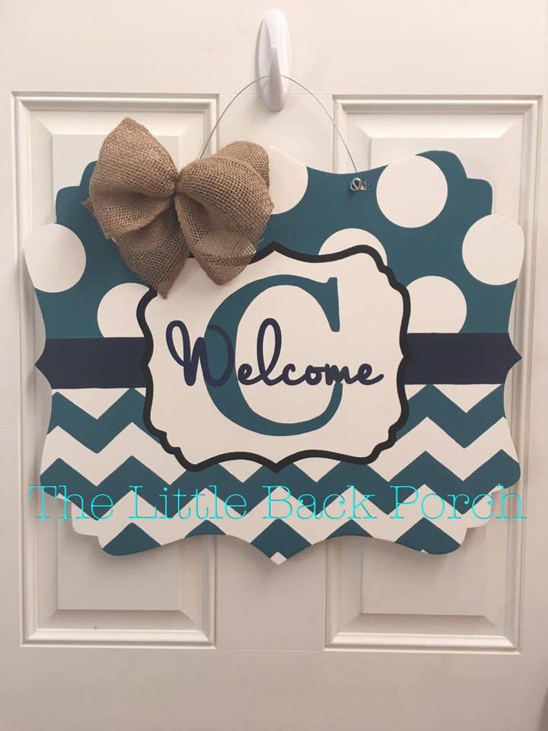 Polka Dot Chevron Monogram Welcome Door Hanger Sign Monogram | Etsy