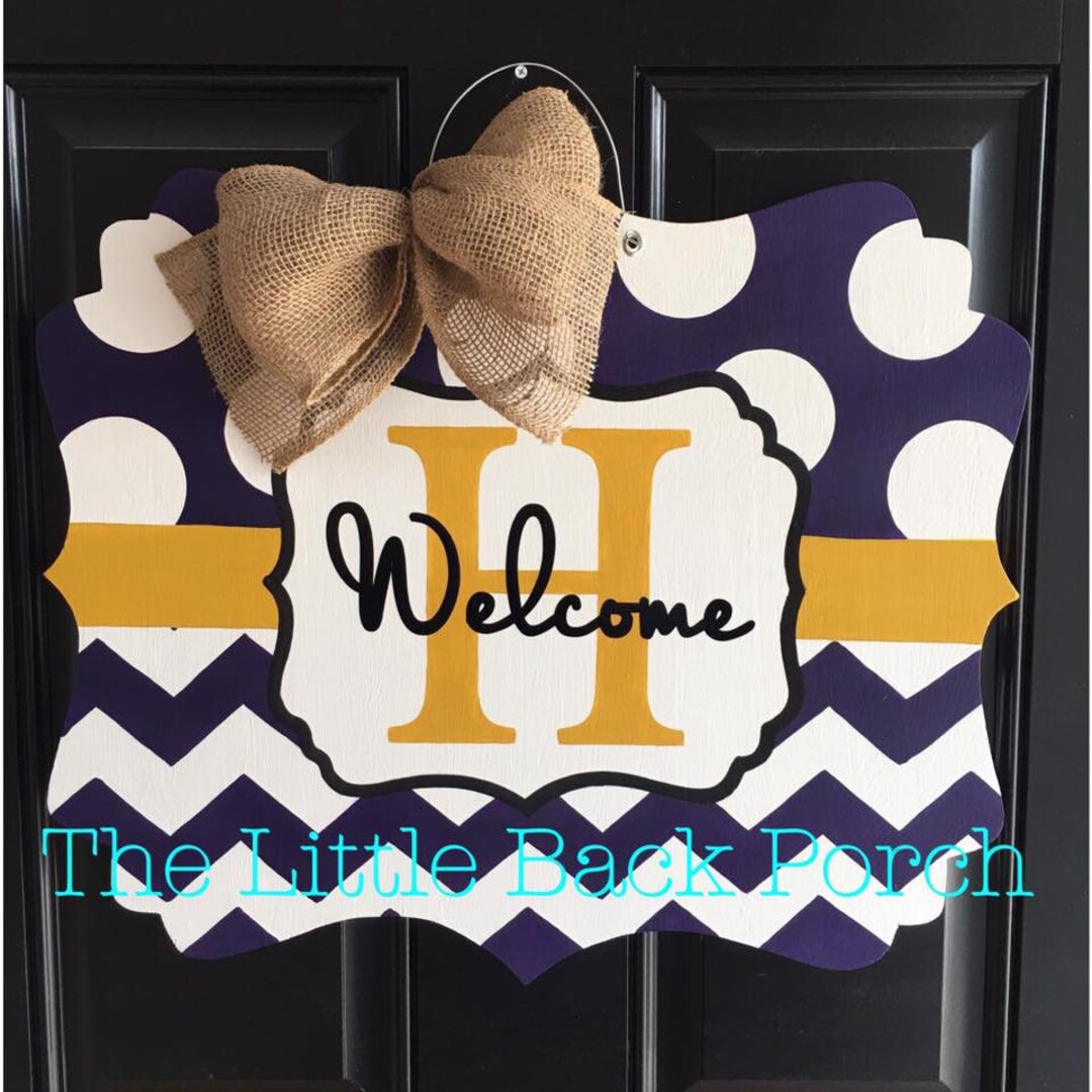 Polka Dot Chevron Monogram Welcome Door Hanger Sign, Monogram Door ...