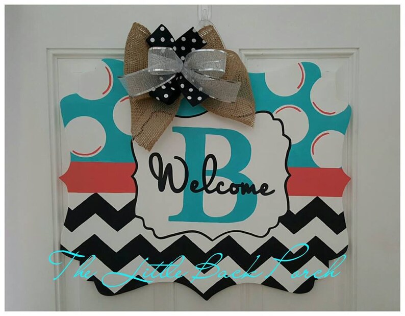 Polka Dot Chevron Monogram Welcome Door Hanger Sign Monogram | Etsy