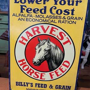 Vintage Embossed Metal Tin Feed Store Harvest Horse Feed Sign ...