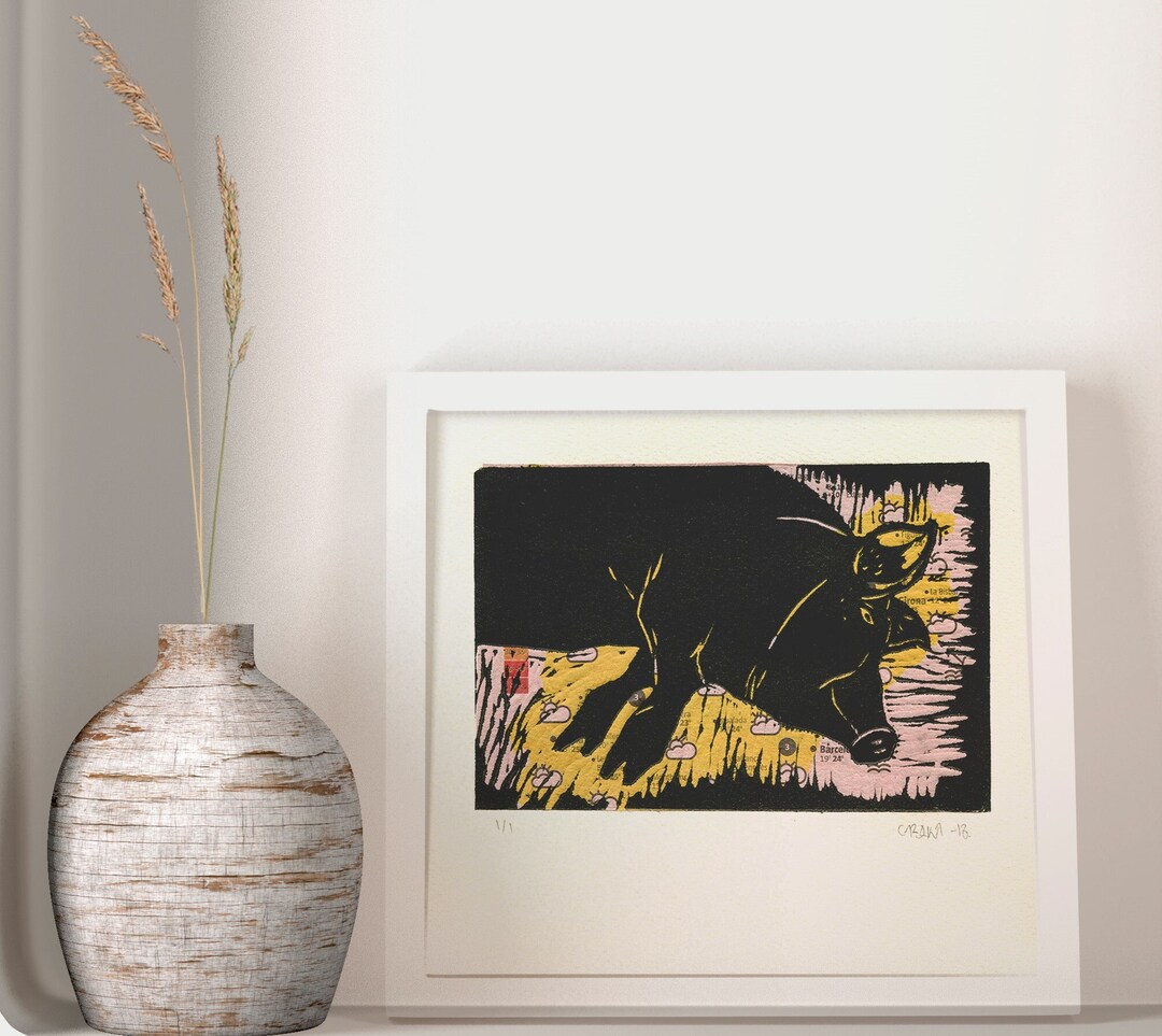 Linocut Original PIG Collage. Unique Work, Unique Engraving - Etsy