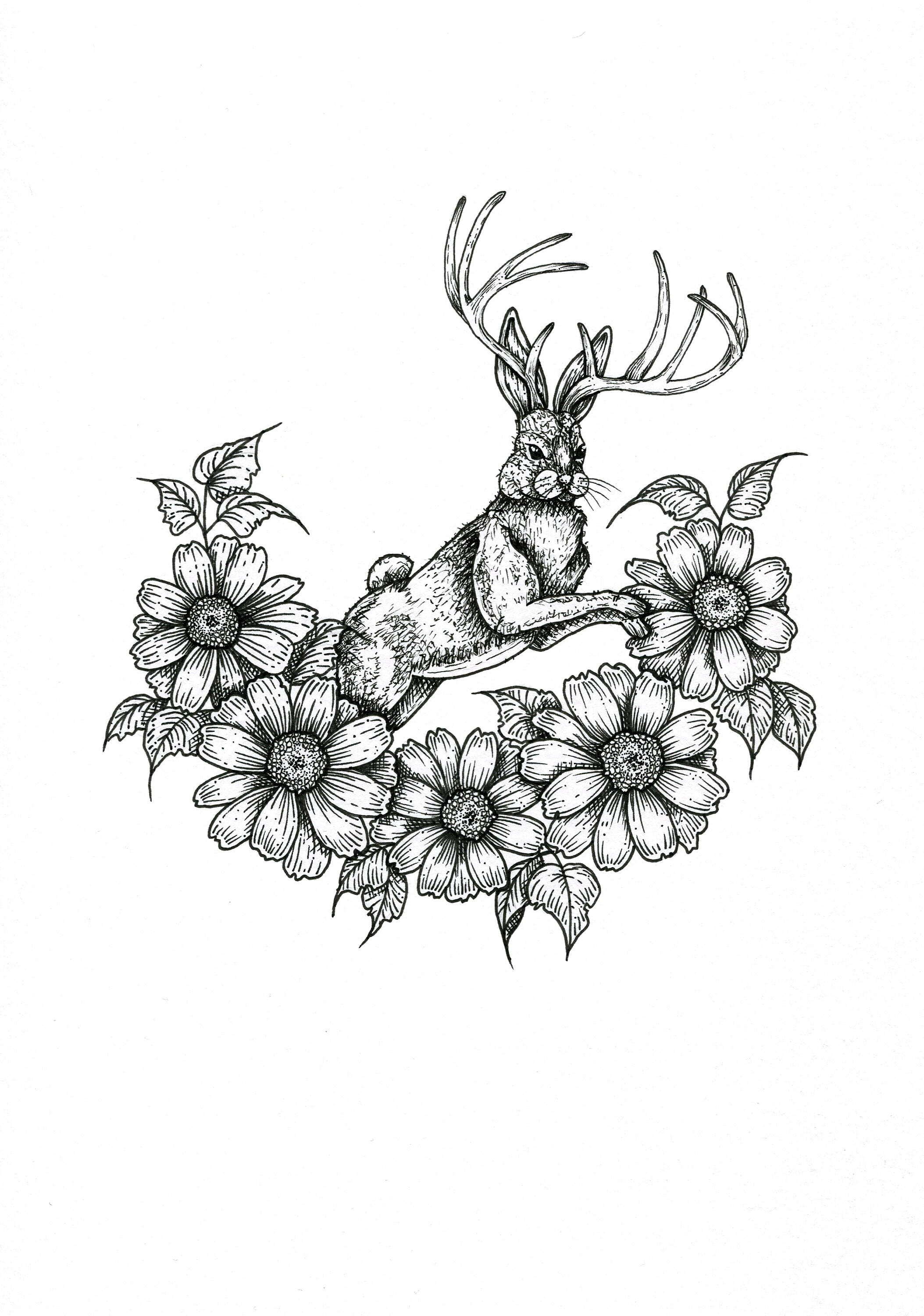 Original Illustration Rabbit Jackalope Original With FLOWERS of Zinnia ...