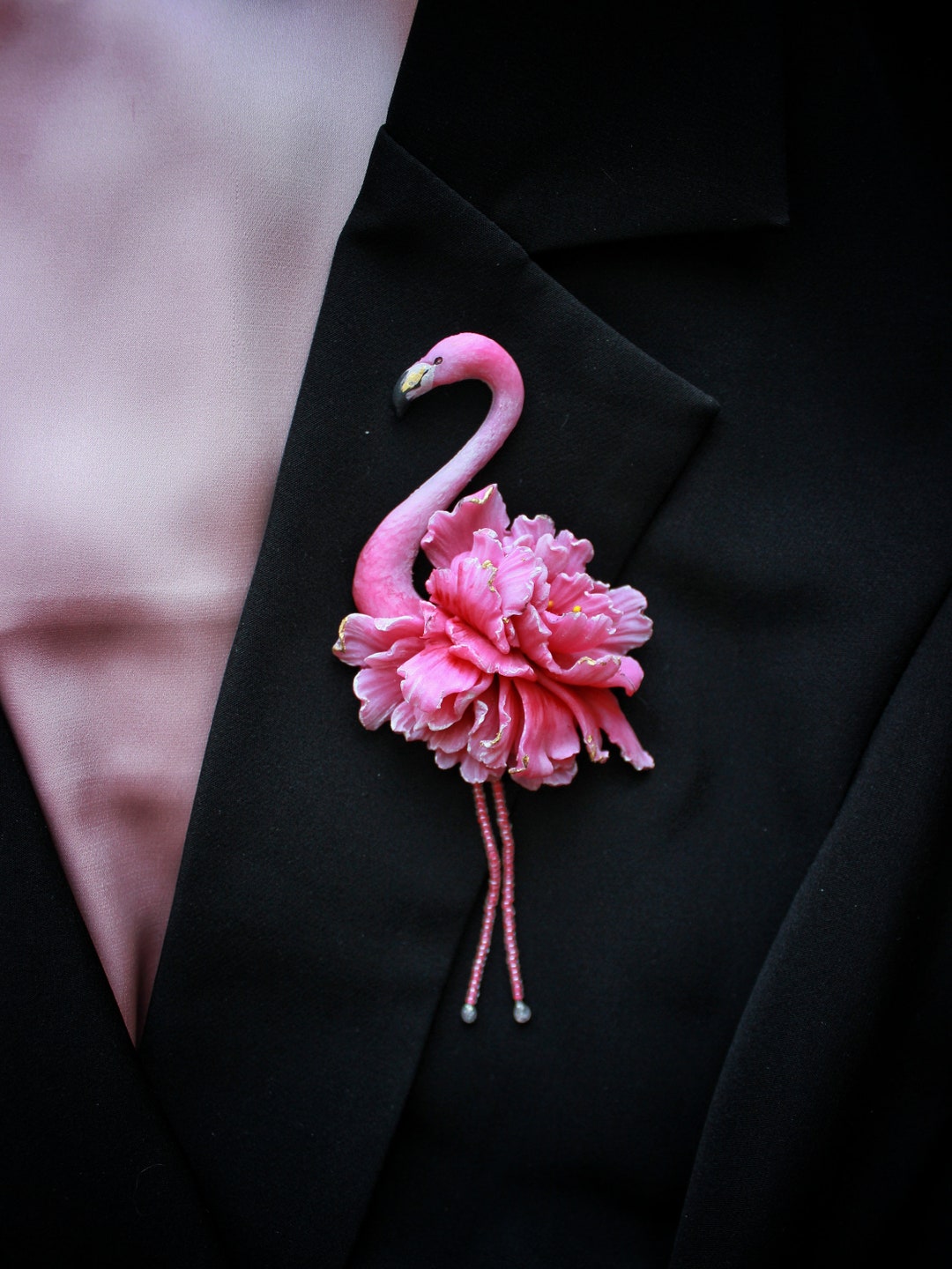 Fantastic Pink Flamingo Brooch With Peonies - Etsy