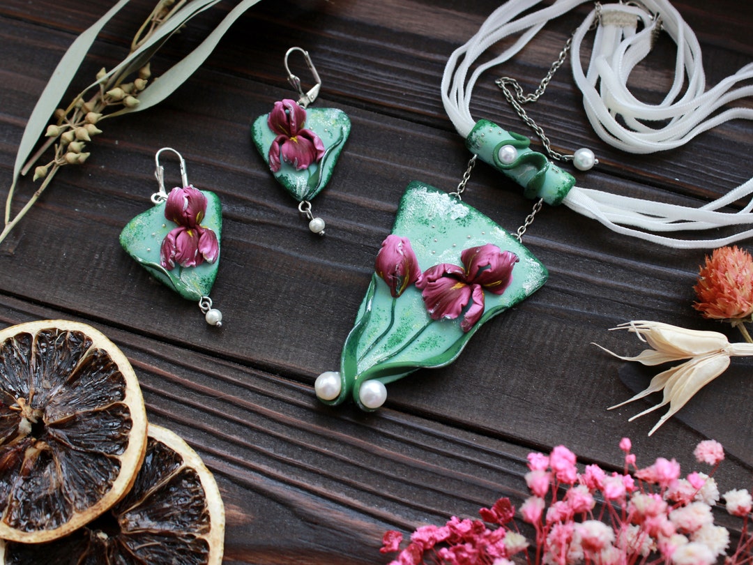 Iris Flowers Jewelry Set, Iris Necklace, Blue Iris Polymer Clay ...