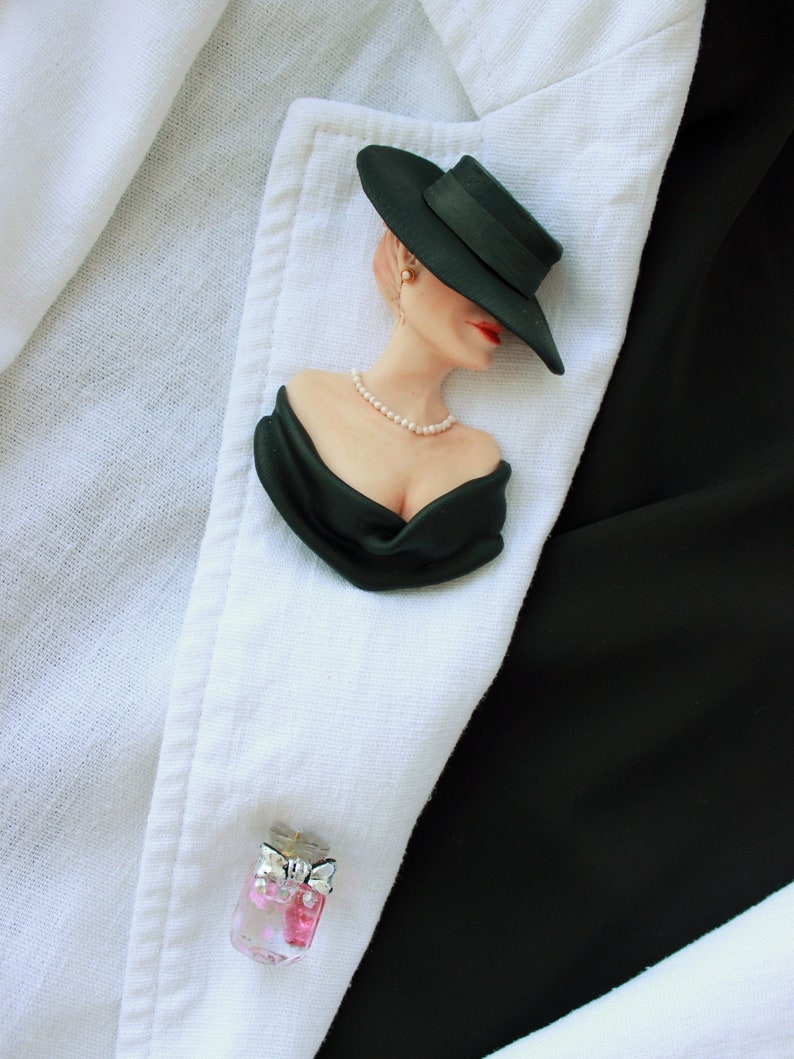 Elegant Woman Brooch: Polymer Clay Titfer Hat, Ruby Perfume Bottle - Etsy