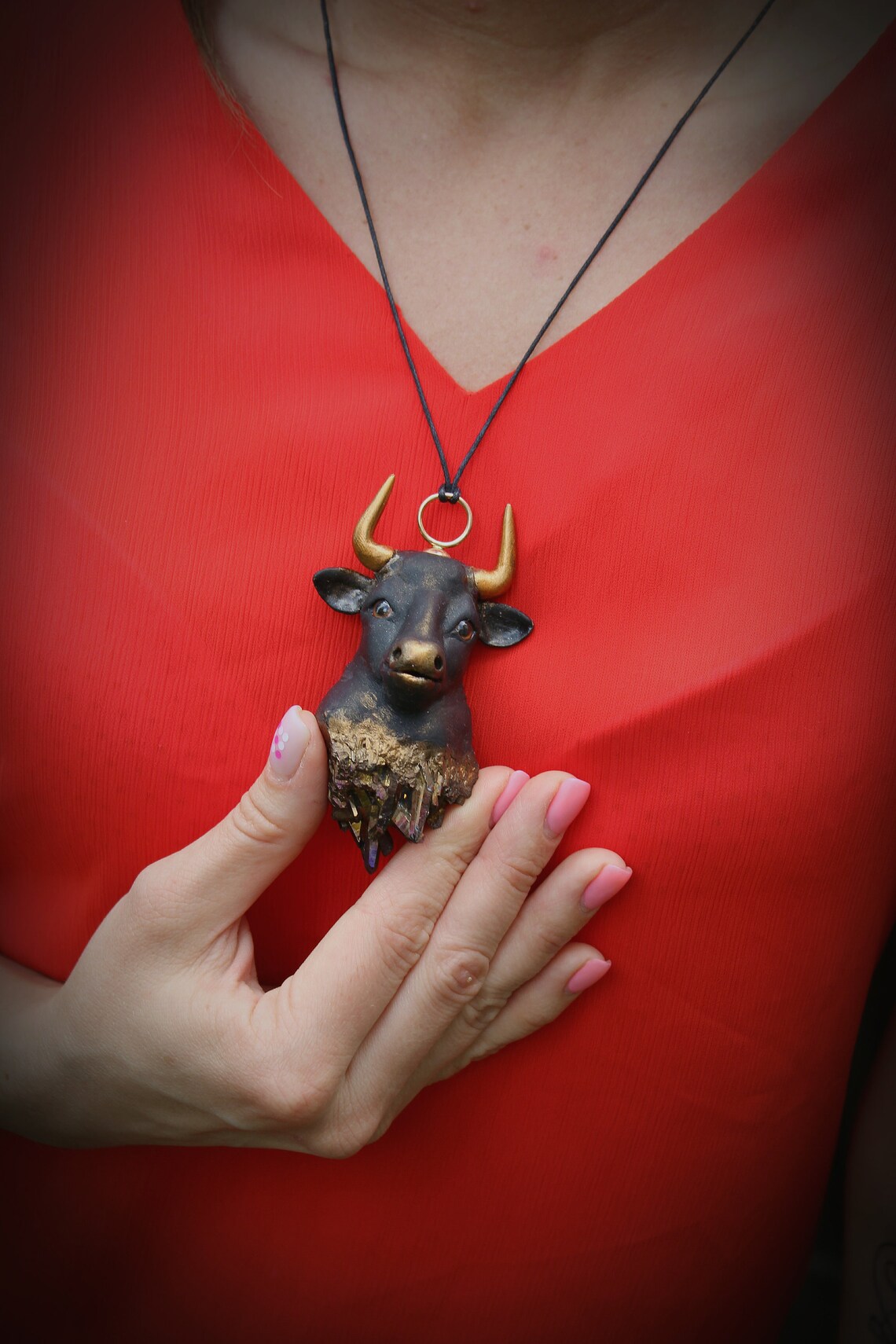 Polymer Clay Bull Pendant: Gold Horns, Amethyst Crystal, Taurus Gift - Etsy