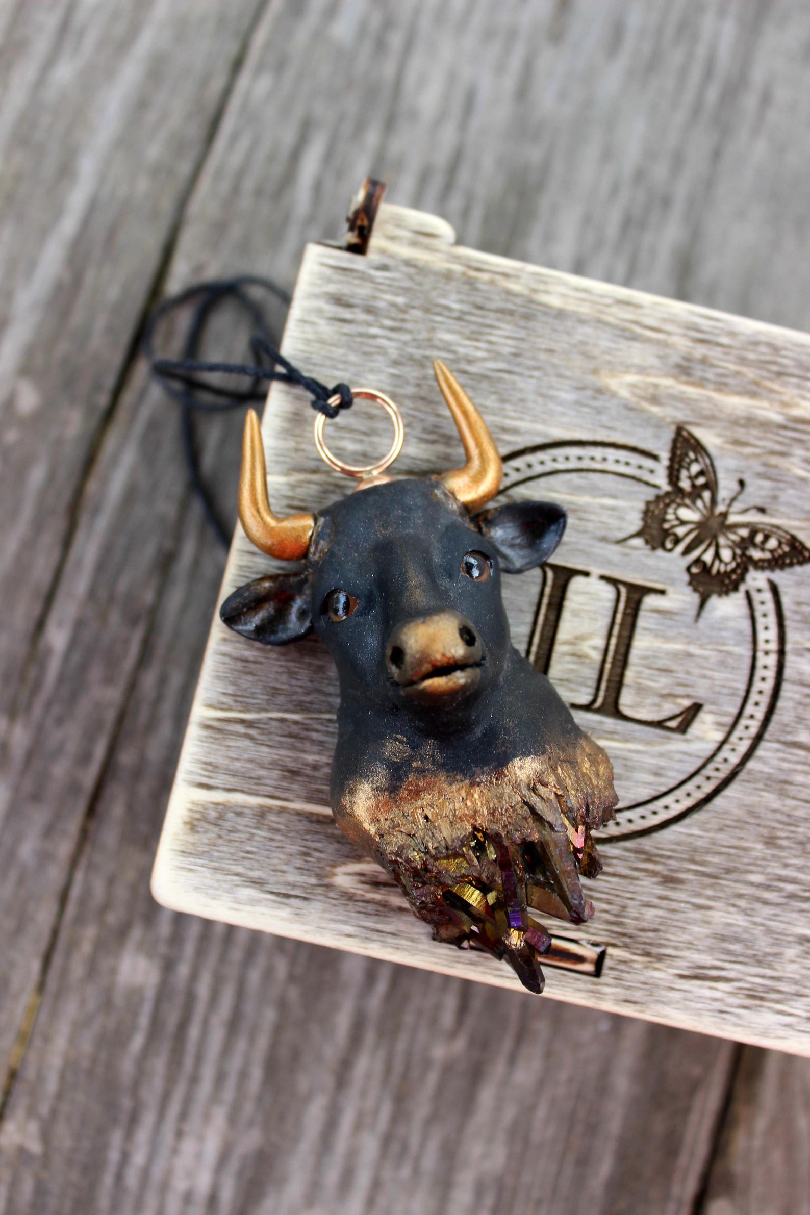 Polymer Clay Bull Pendant: Gold Horns, Amethyst Crystal, Taurus Gift - Etsy