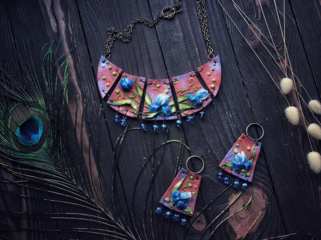Statement Polymer Clay Flower Jewelry Set, Jewelry, Iris, Unique ...