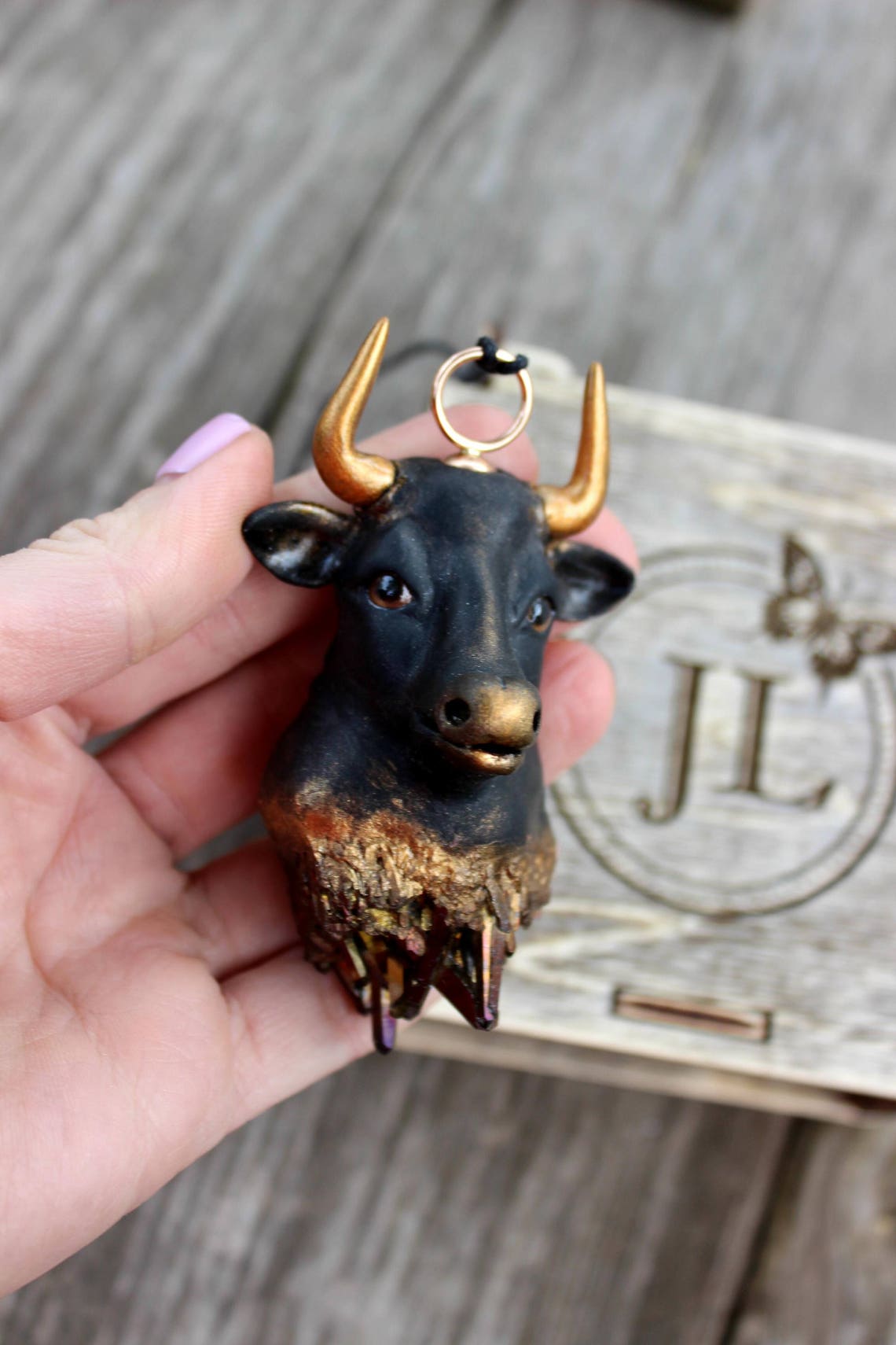 Polymer Clay Bull Pendant: Gold Horns, Amethyst Crystal, Taurus Gift - Etsy