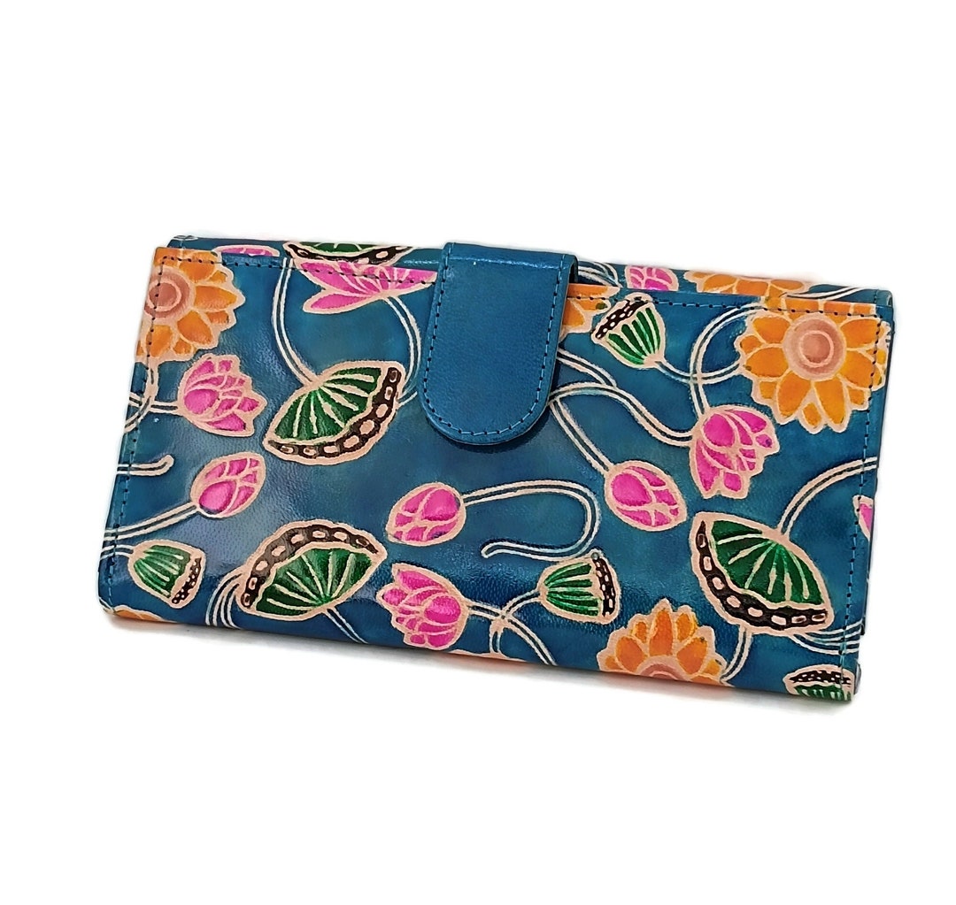 Womens Hand Painted Leather Wallet, Lotus Pond Wallet , Christmas Gifts ...