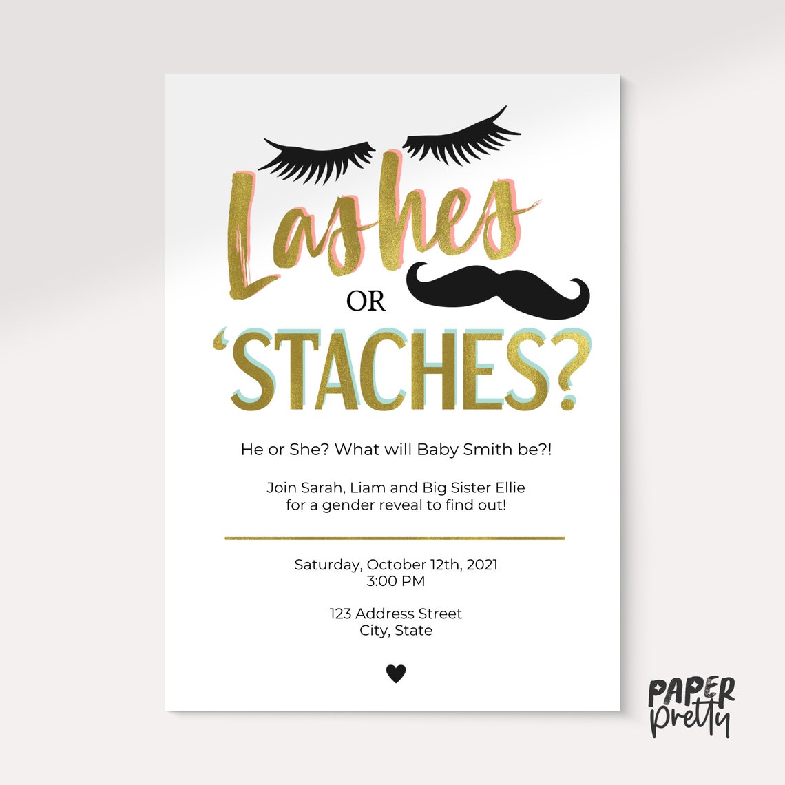 Lashes or Staches Gender Reveal Party Simple Invitation - Etsy