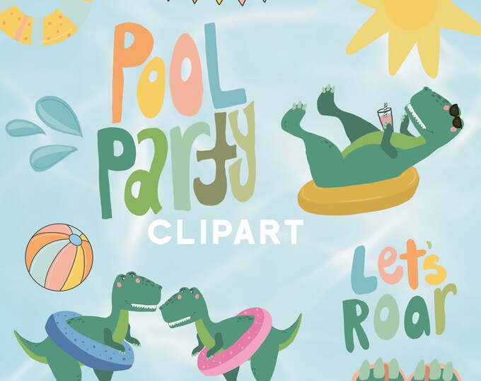 Dinosaur Pool Party Clipart | T-rex Sticker | Summer | Swimming PNG ...
