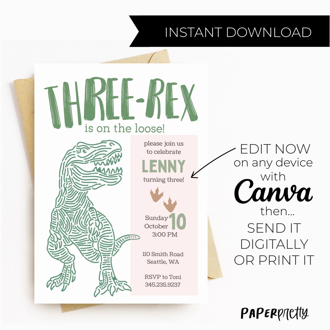 Three Rex Third Birthday Invite Dinosaur Party Theme - Etsy