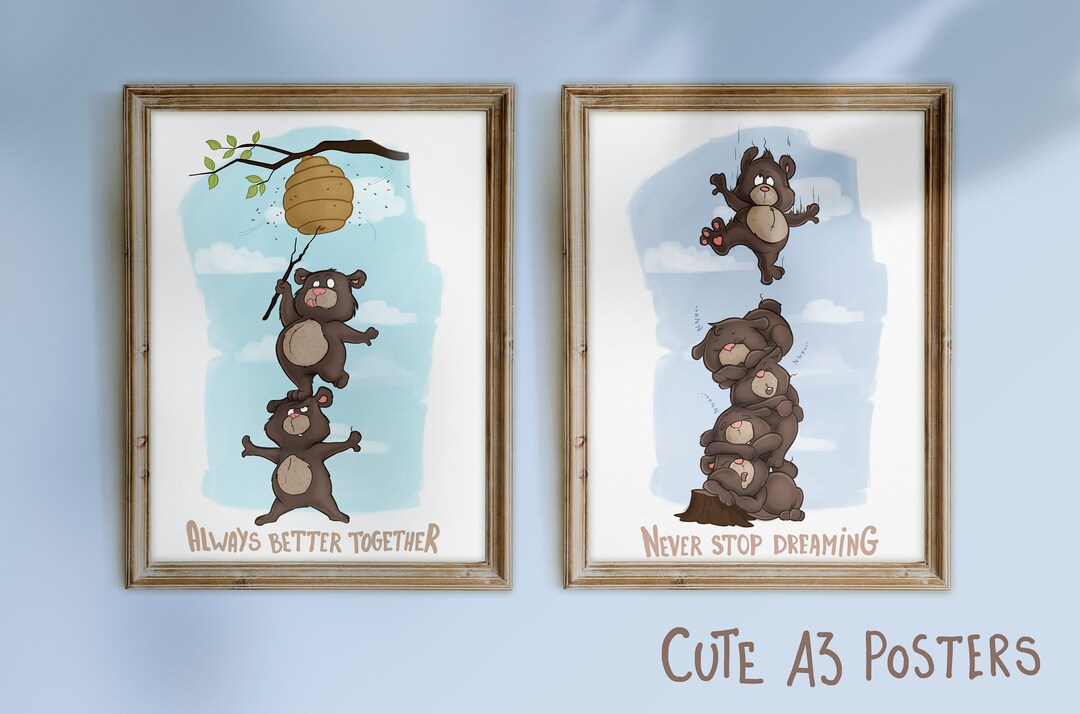 Set of 2 Cute, Funny Bears A3 Posters, Kids Printable, Cute Animals ...