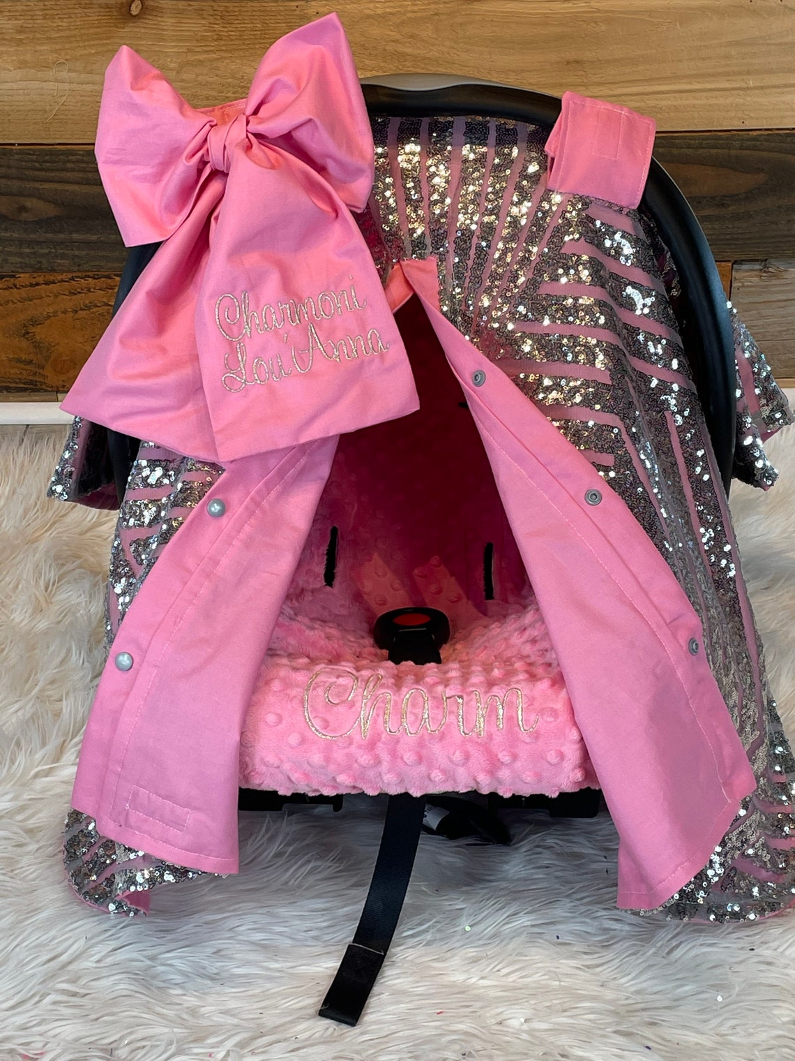 Sequin Carseat Canopy/car Seat Cover/silver Geometric Sequin With Rose ...
