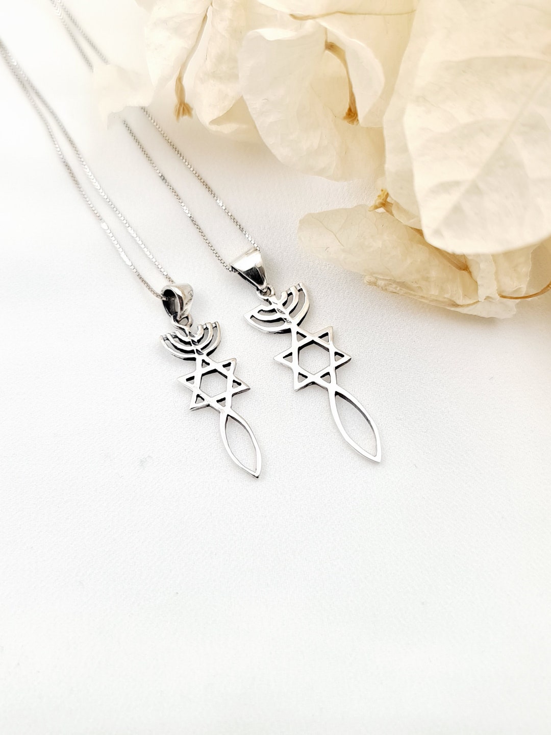 Messianic Pendant Necklace 925 Sterling Silver, David Star Menorah Fish ...