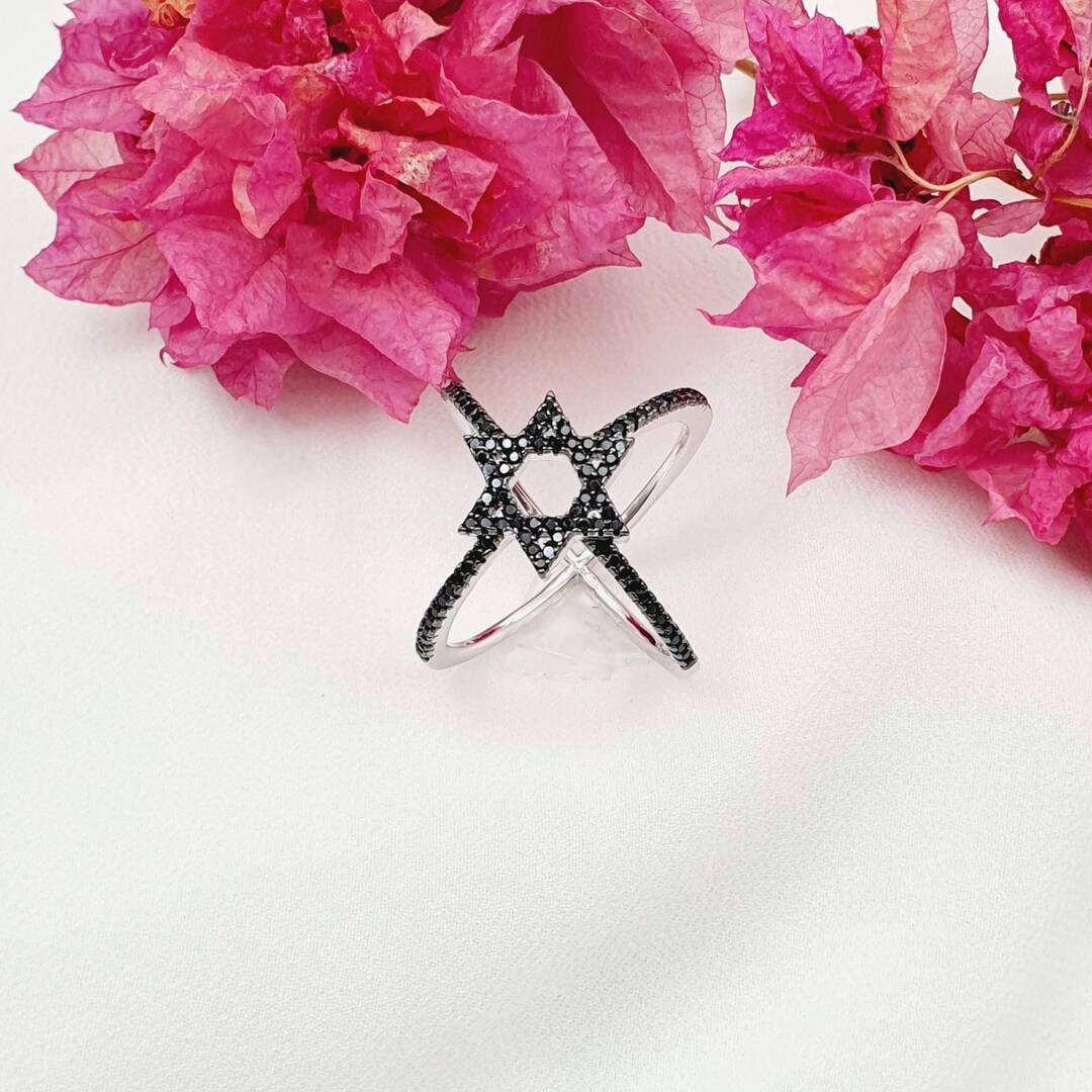 Star of David Ring 925 Sterling Silver, Women Ring Black Cz Crystals ...