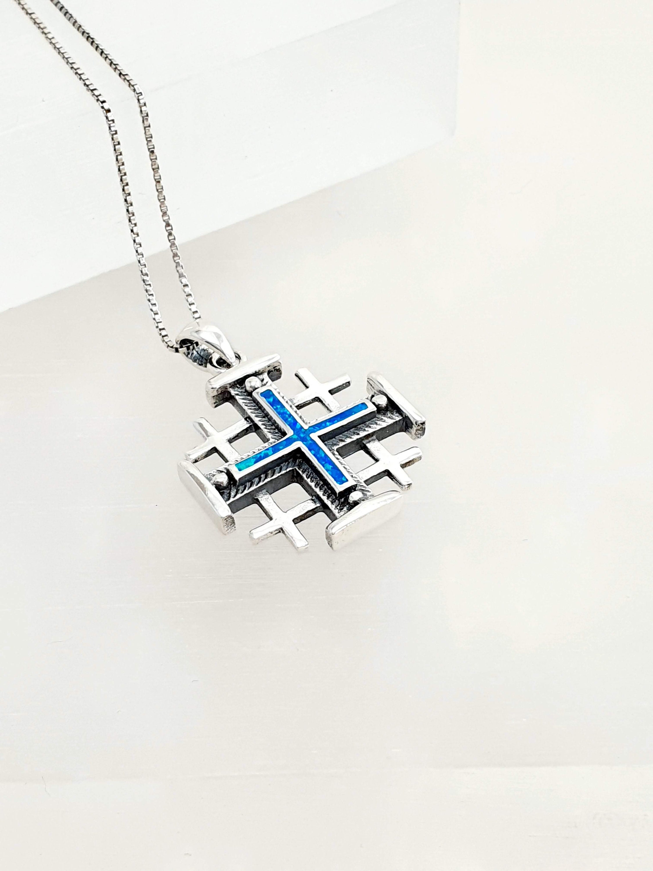 Blue Opal Jerusalem Cross Pendant Necklace 925 Sterling Silver ...
