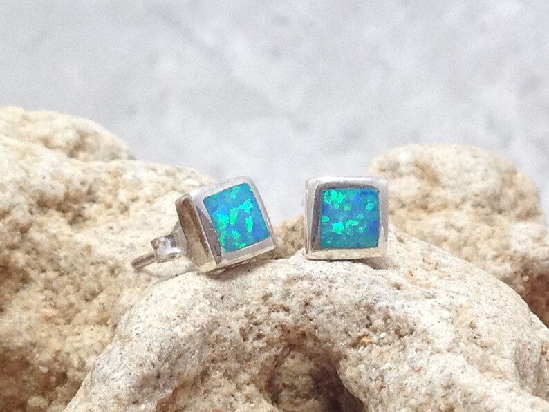 Blue Opal Square Stud Earrings 925 Sterling Silver Opal Gold | Etsy