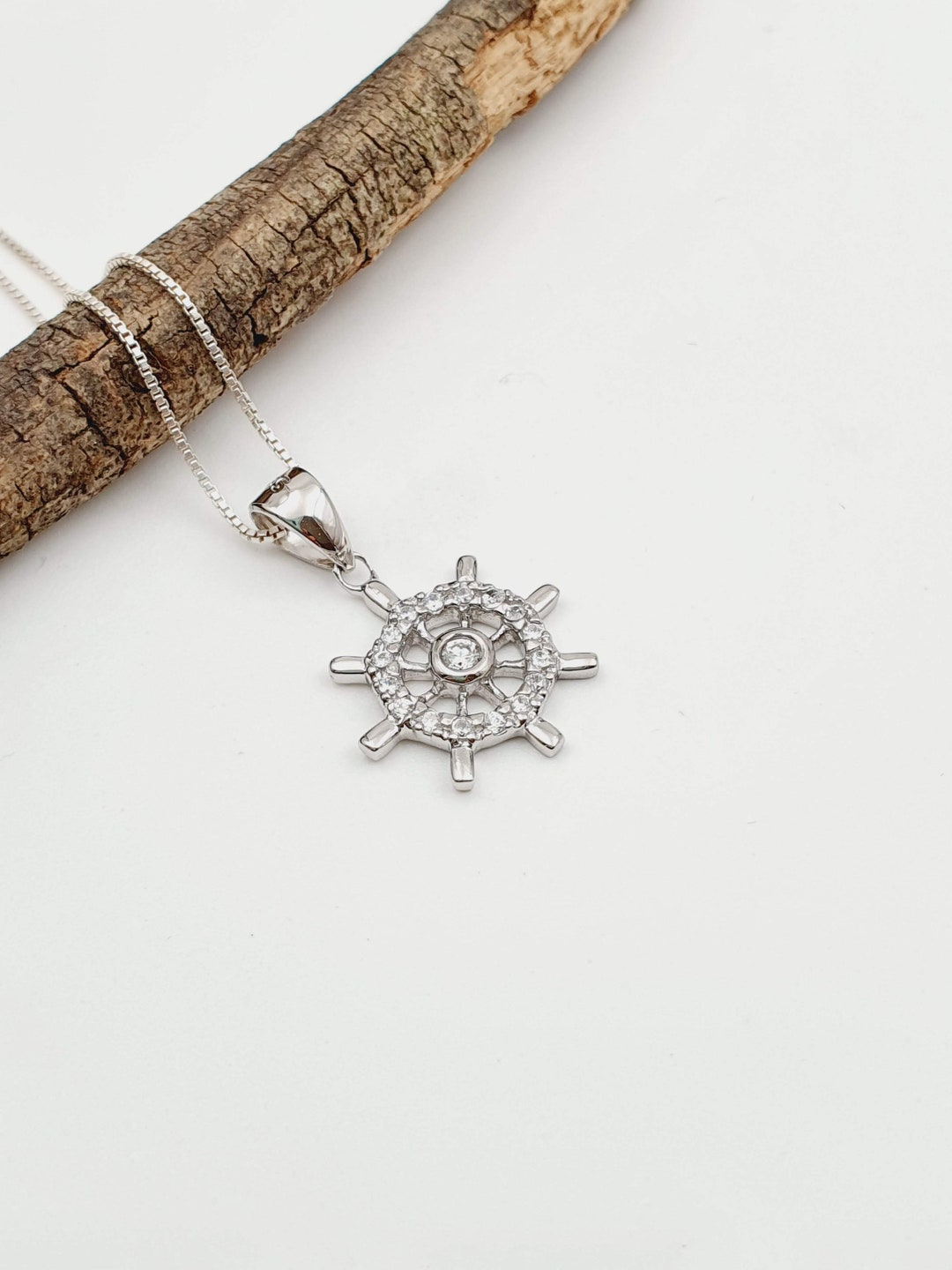 Sterling Silver Ship Wheel Necklace: CZ Crystal Nautical Pendant ...