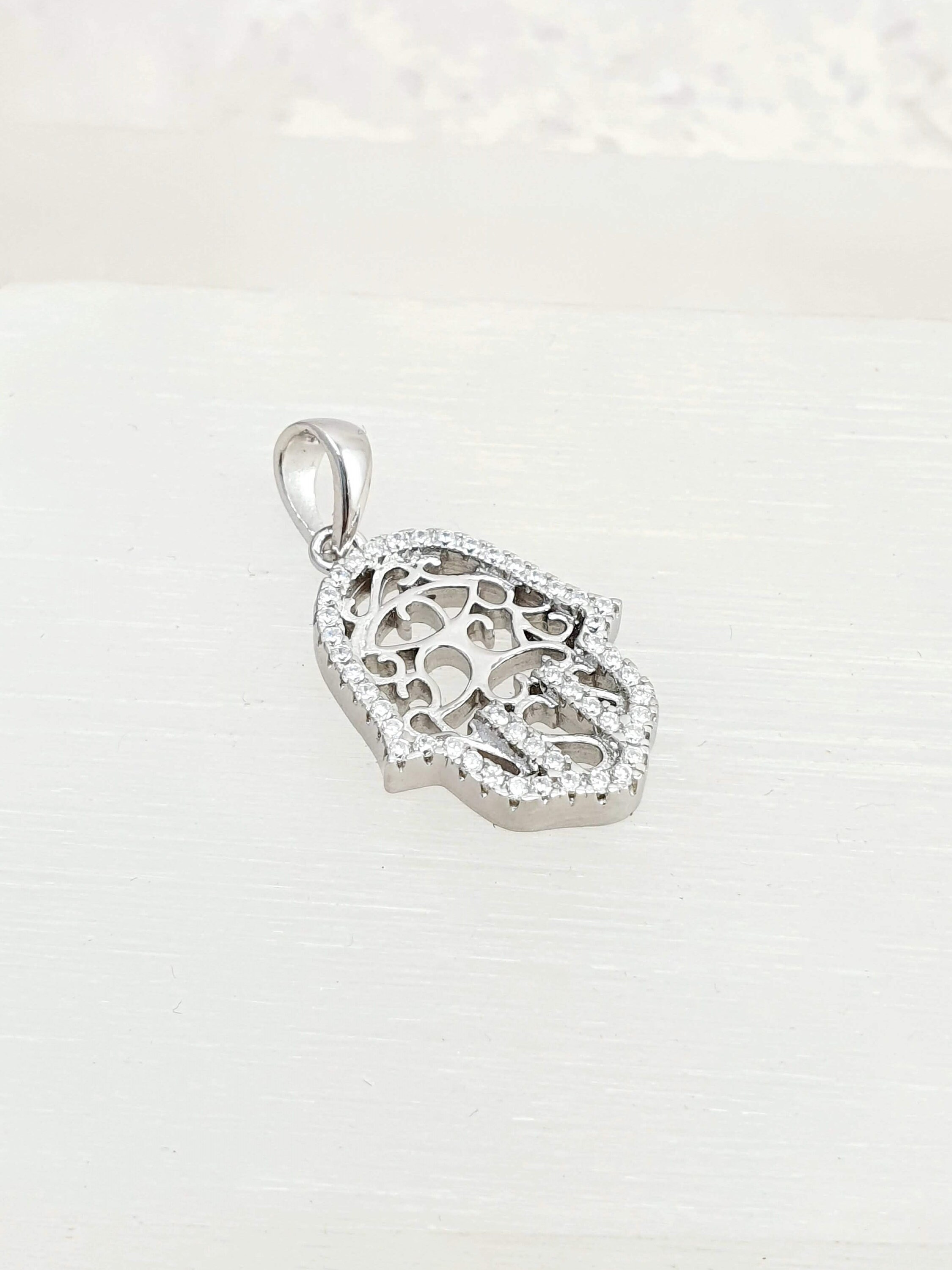 925 Sterling Silver Hamsa Pendant Necklace Cz Crystals Rhodium | Etsy